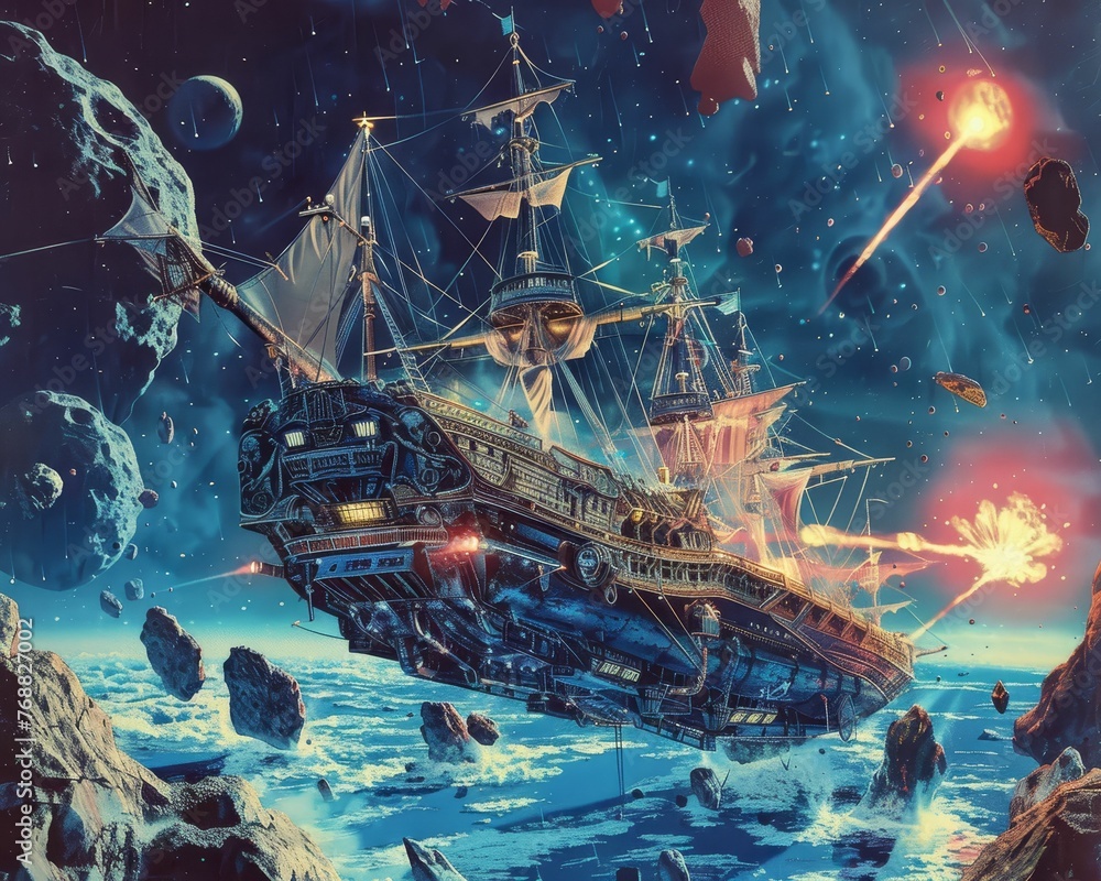 Classic pirate ship in space, crew with laser swords, asteroid islands ...