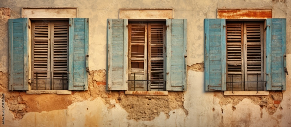 Three weathered windows with blue shutters adorn an aged building ...