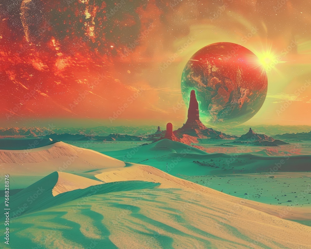 Vintage space beach, sand dunes, dual sunsets, alien lifeguards Stock ...
