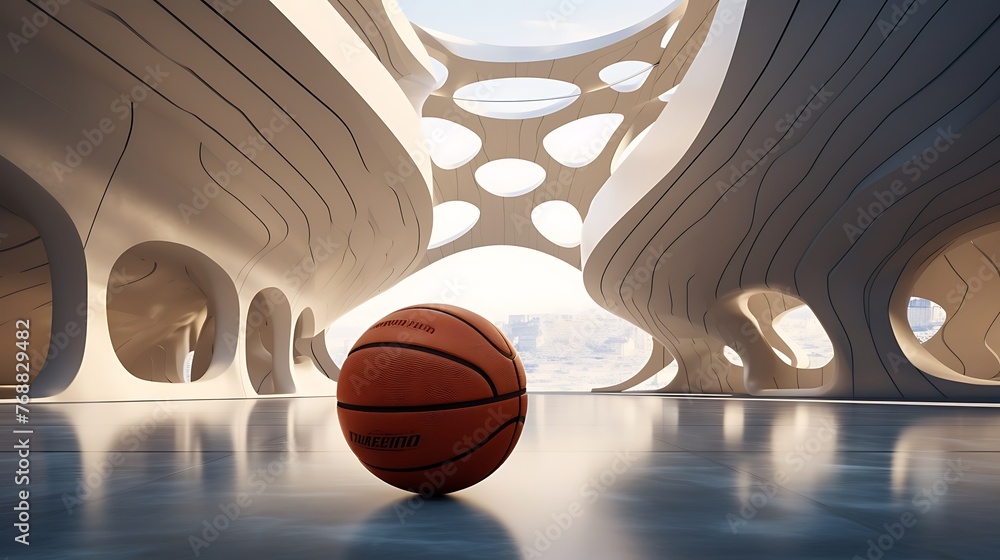 Basketball ball placed beside a strikingly modern basketball arena ...