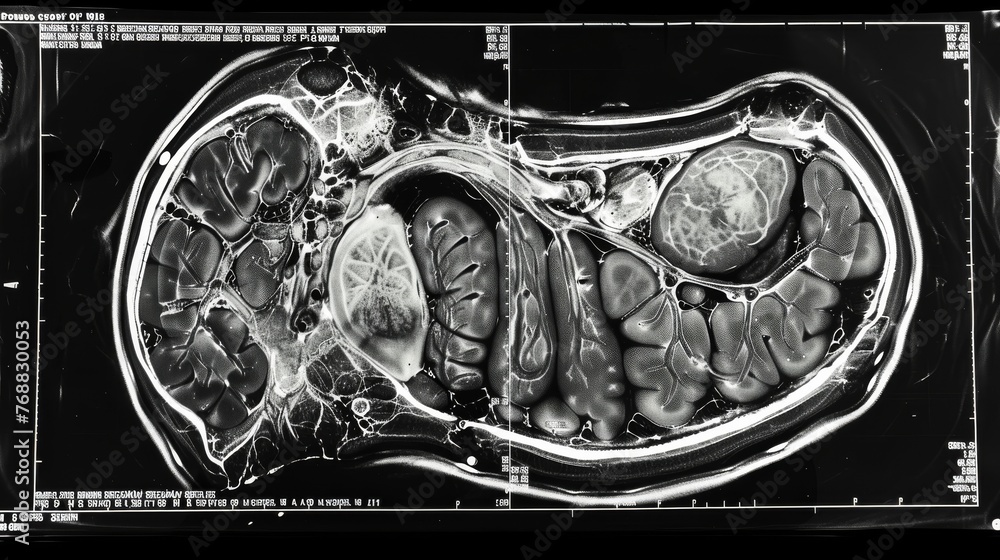 High-resolution CT scan image of the abdomen enhanced contrast showing ...