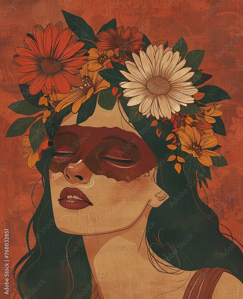 a faceless girl with flowers in her hair and flower crown, in the style ...