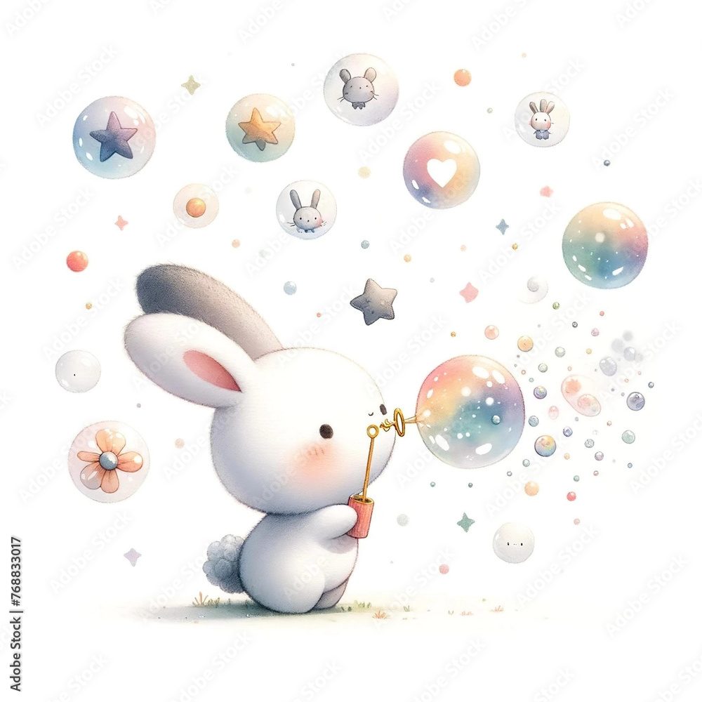 Bunny Blowing Bubbles with Tiny Creatures Inside Stock Illustration ...