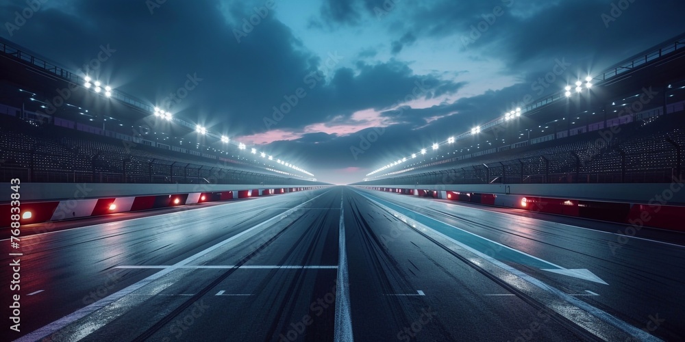 Motion blurred racetrack with city skyline background ,night scene cold ...
