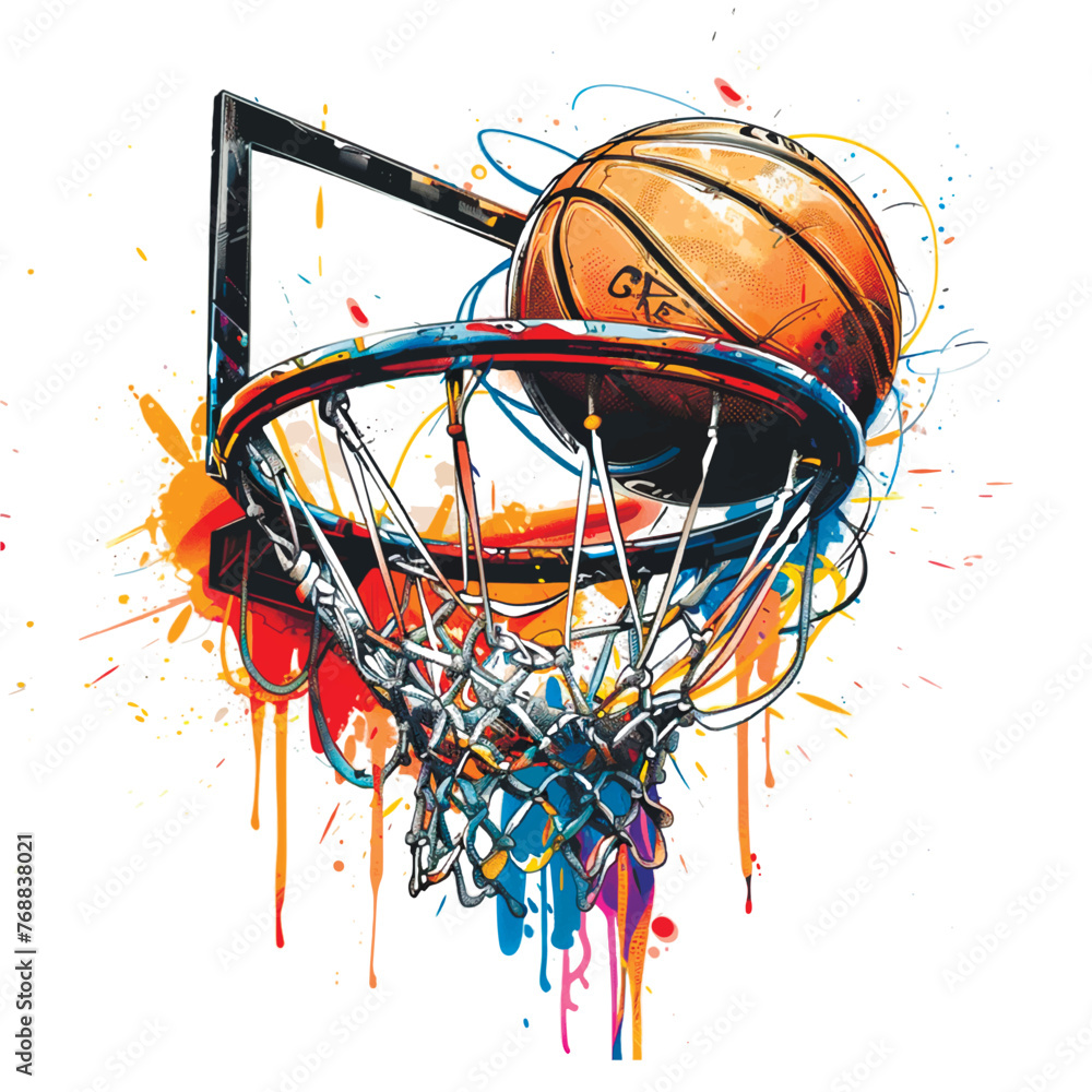 Graffiti style drawing basketball ball in basket pattern background ...
