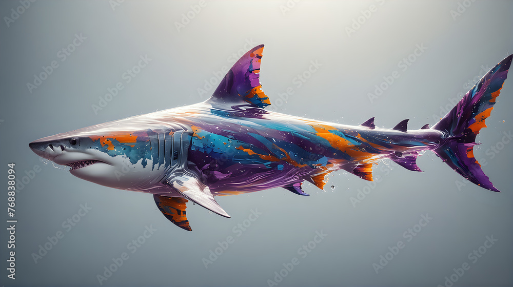 a striking depiction of a shark, rendered with splashes of vivid orange ...