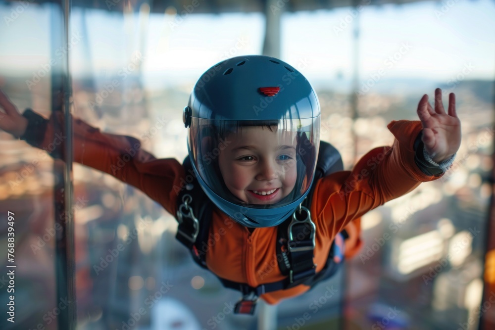 Free falling of a child boy in a simulator at a city skydiving center ...