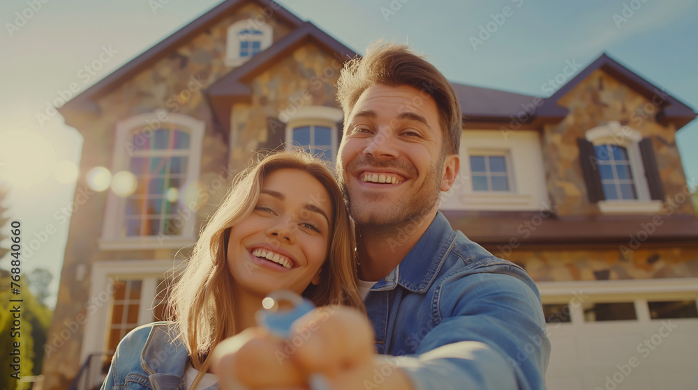 Couple in love hugging in front of their new modern luxury villa house ...