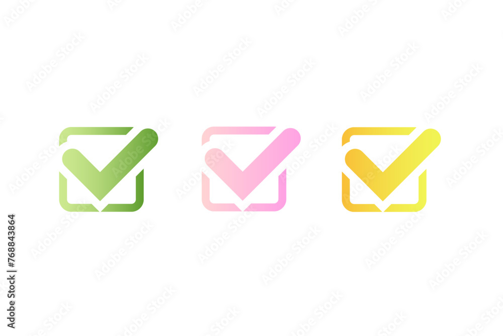 Check mark or correct icon set, green, yellow, pink gradient. Accept or ...