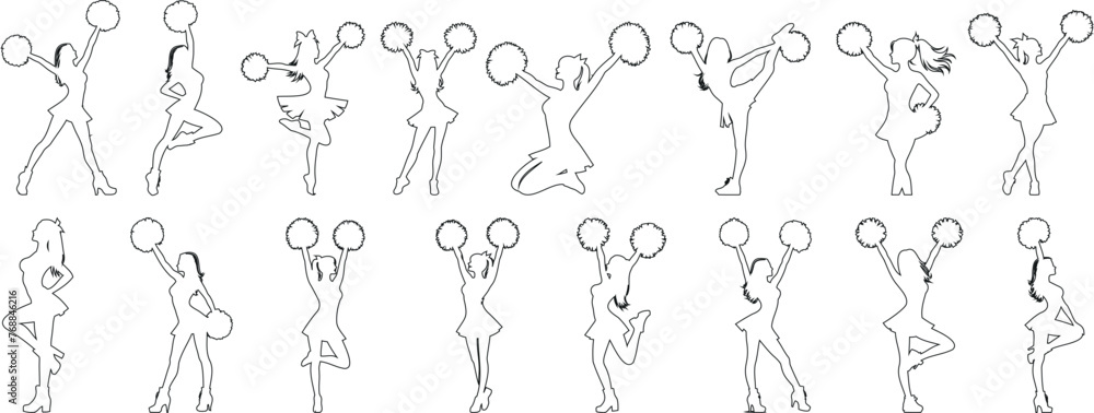 Cheerleader line art in dynamic poses, embodying performance excitement ...