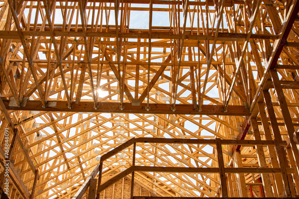 Interior wood framework of single family residential building under ...