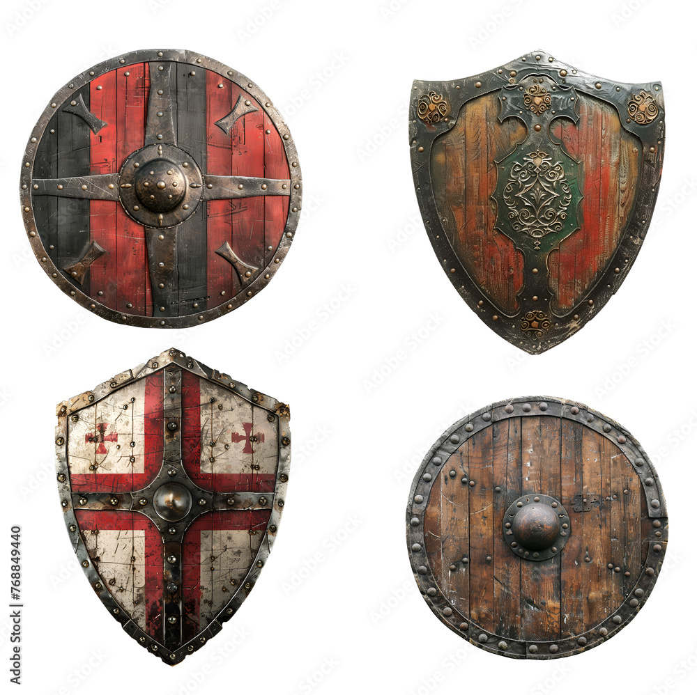ภาพประกอบสต็อก Rustic Battle Display: Viking and Knight Shields Set ...
