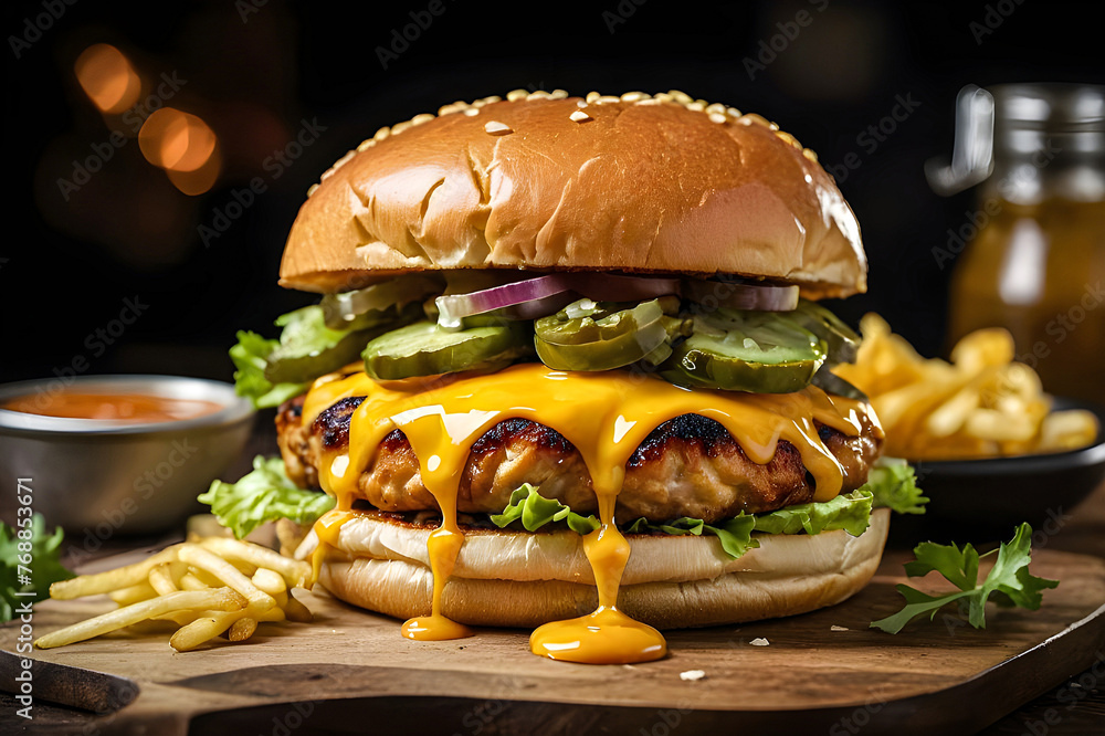 Present a close-up view of a fully assembled chicken burger, focusing ...