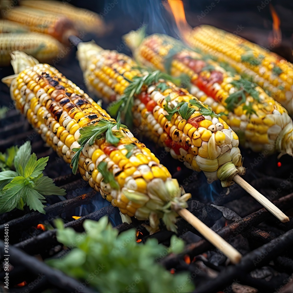 focuss and cleare BBQ Grilled corn on Skewers with Fresh Herbs and ...