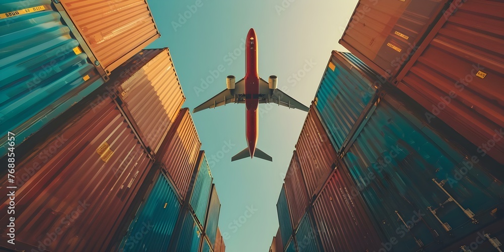 An airplane flies over shipping containers symbolizing transportation ...