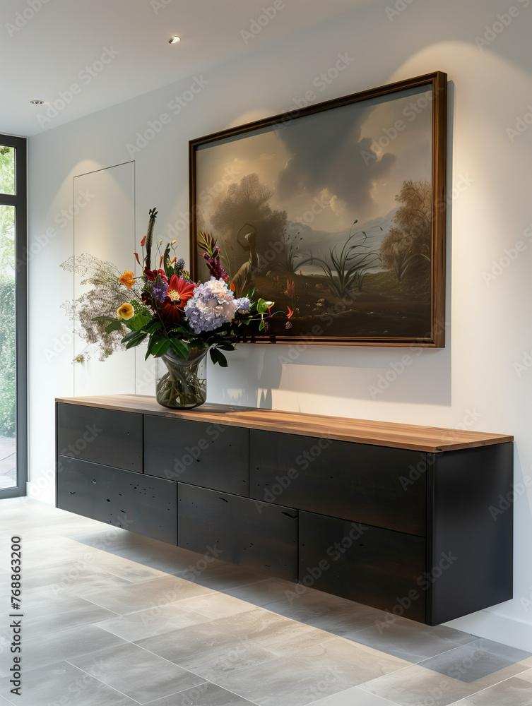A modern sideboard in black wood with an oak top, hanging on the wall ...