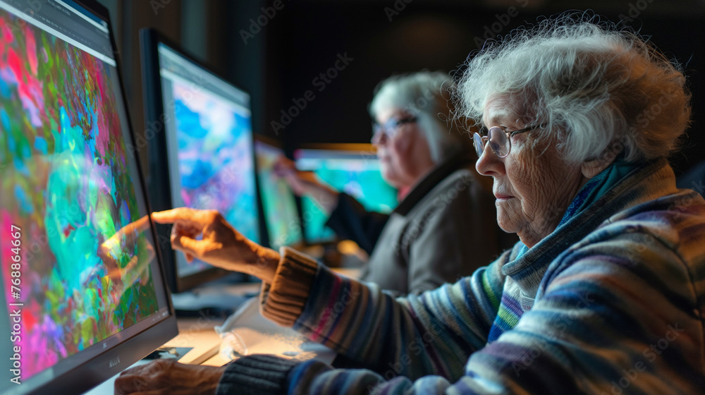 Retirees take digital art classes in a classroom with interactive ...