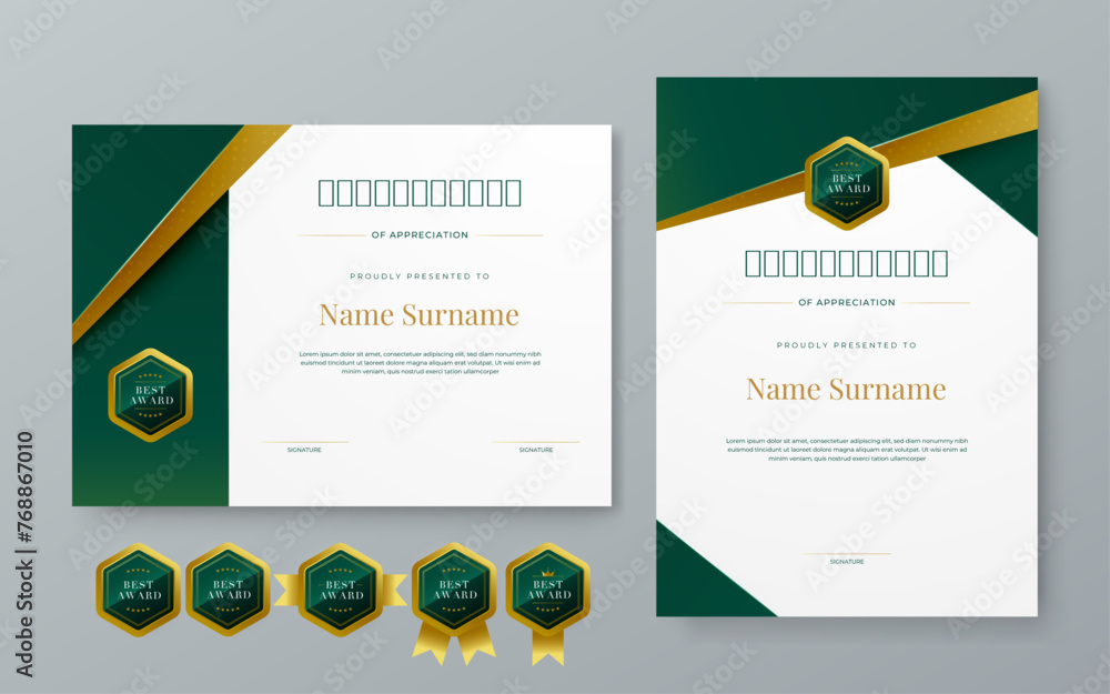 Green gold and white modern certificate template with shapes. For ...