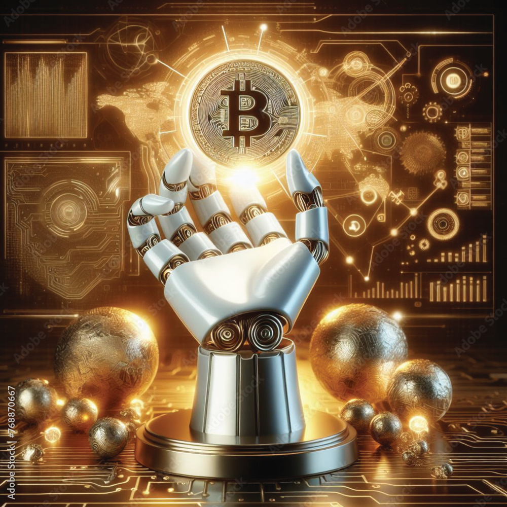 Metal robot hand holding Bitcoin coin, complex AI data and future world record About artificial ...