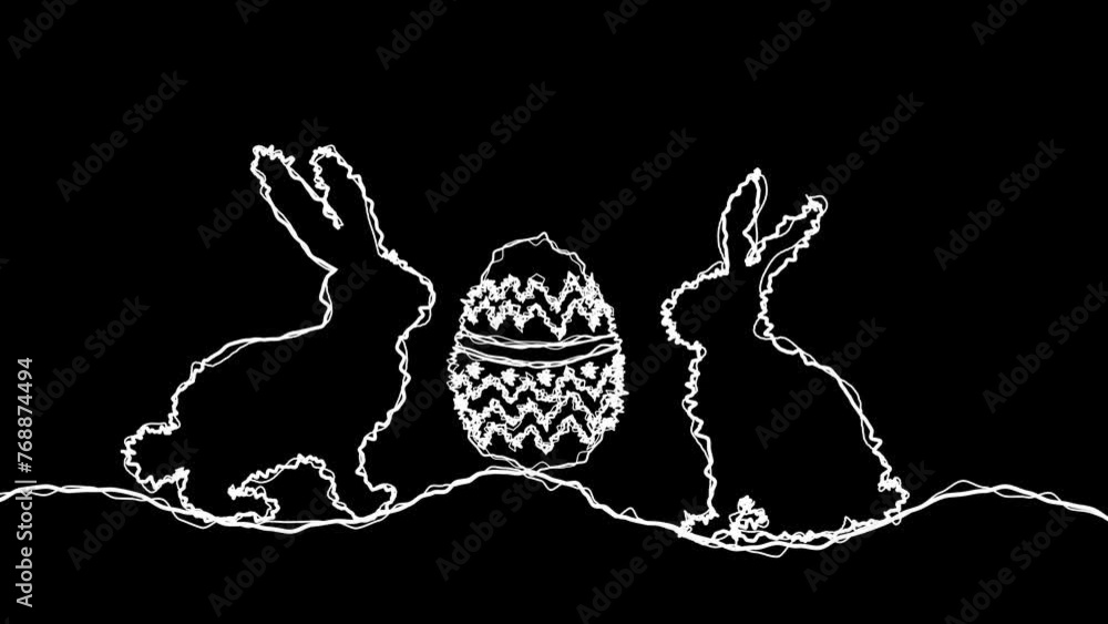 Easter egg and two bunnies wiggle line animations in the loop, line art ...