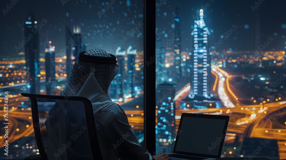 Arab man wearing Saudi bisht, front of laptop, looking at office window ...