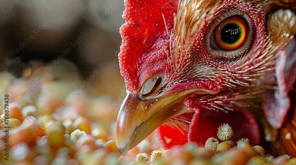 Detailed extreme close-up of a chicken's beak pecking at grain ...
