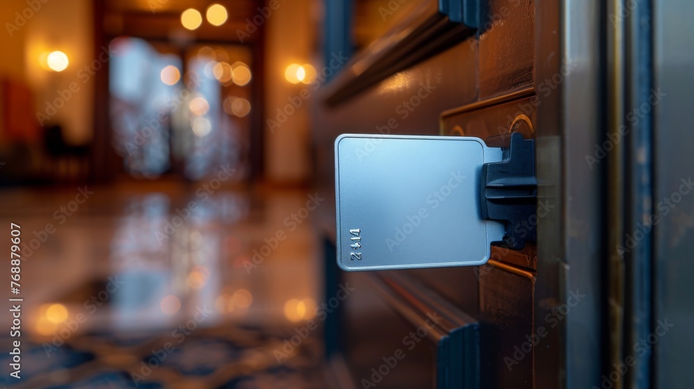 In an extreme close-up shot, the swipe of a hotel key card at the door ...