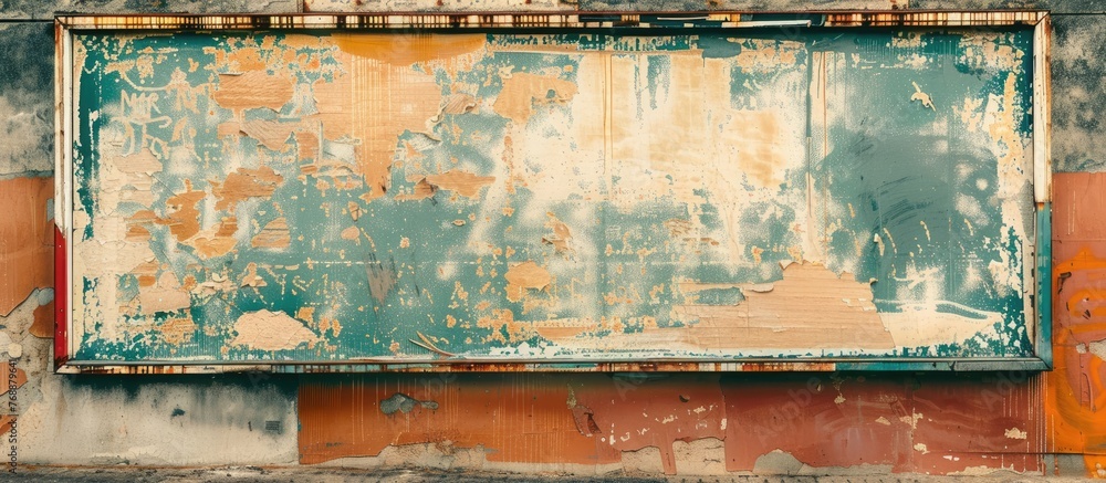 An old, weathered sign covered in rust hangs on the side of a concrete ...