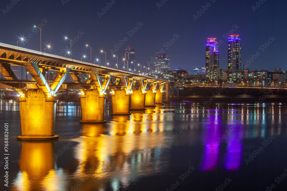The night view of the Han River park in Seoul, South Korea, where the ...