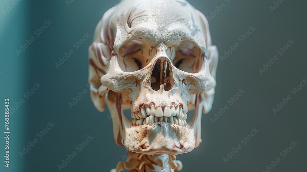 Detailed anatomical model showing the human skull with muscle structure ...
