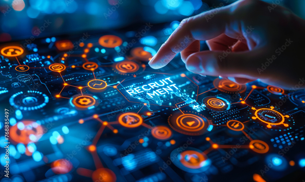 Modern Professional Touching Transparent Screen Displaying RECRUITMENT ...