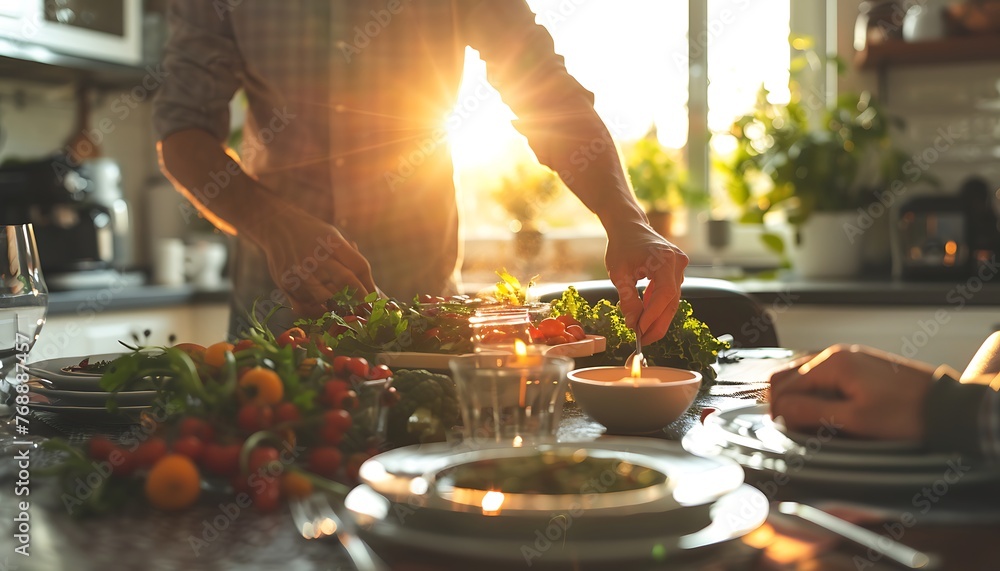 A close examination of a family's morning ritual, spotlighting hands ...