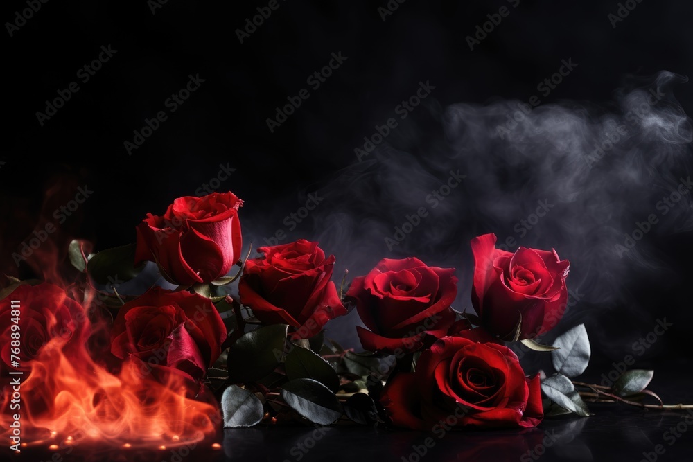 Foto de Striking red roses lying among flames and smoke, portraying an ...