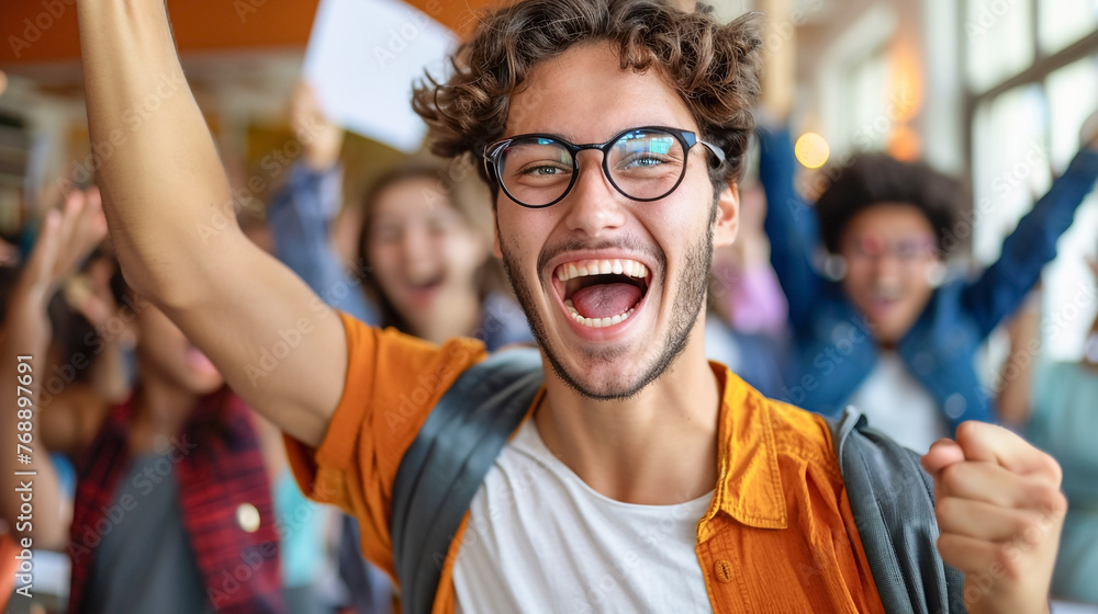 Student celebration of passing a difficult exam, last day in school ...