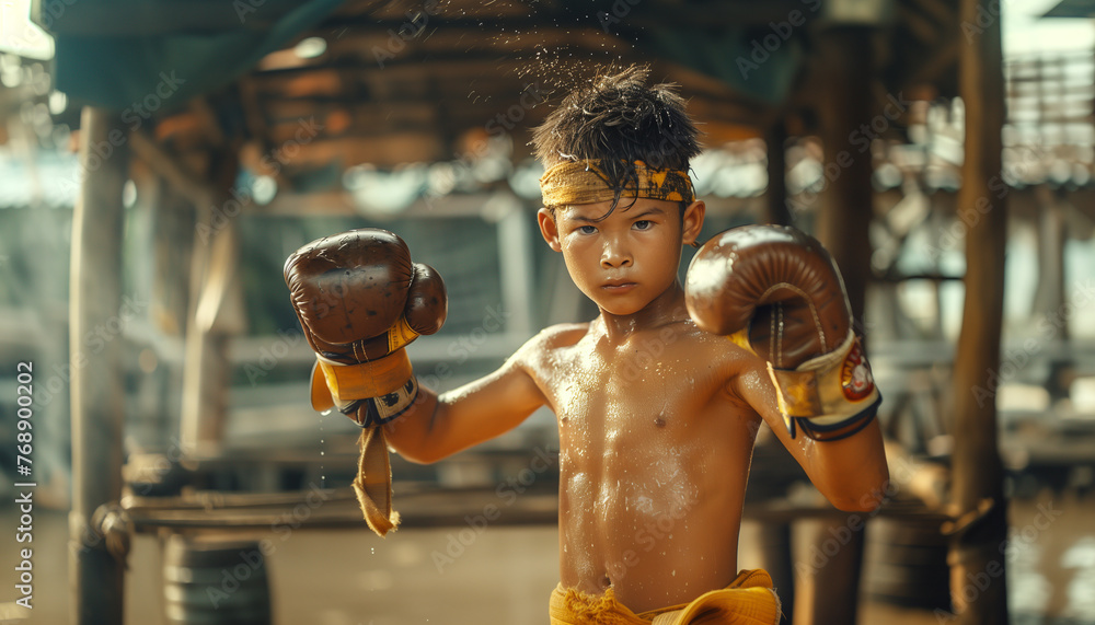 Little Thai Sweaty Warrior: Gloves, Intense Gaze. A young boxer's ...