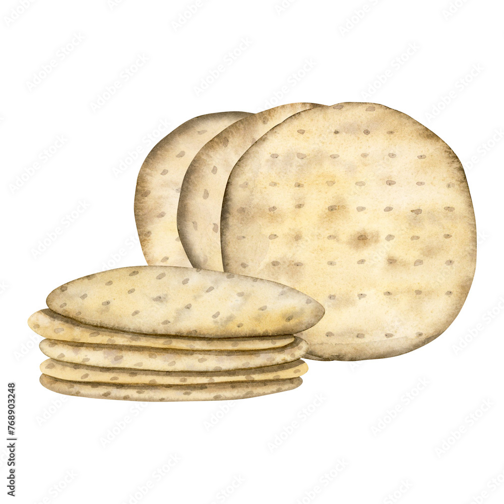 Round Passover matzah bread in stacks watercolor illustration isolated ...