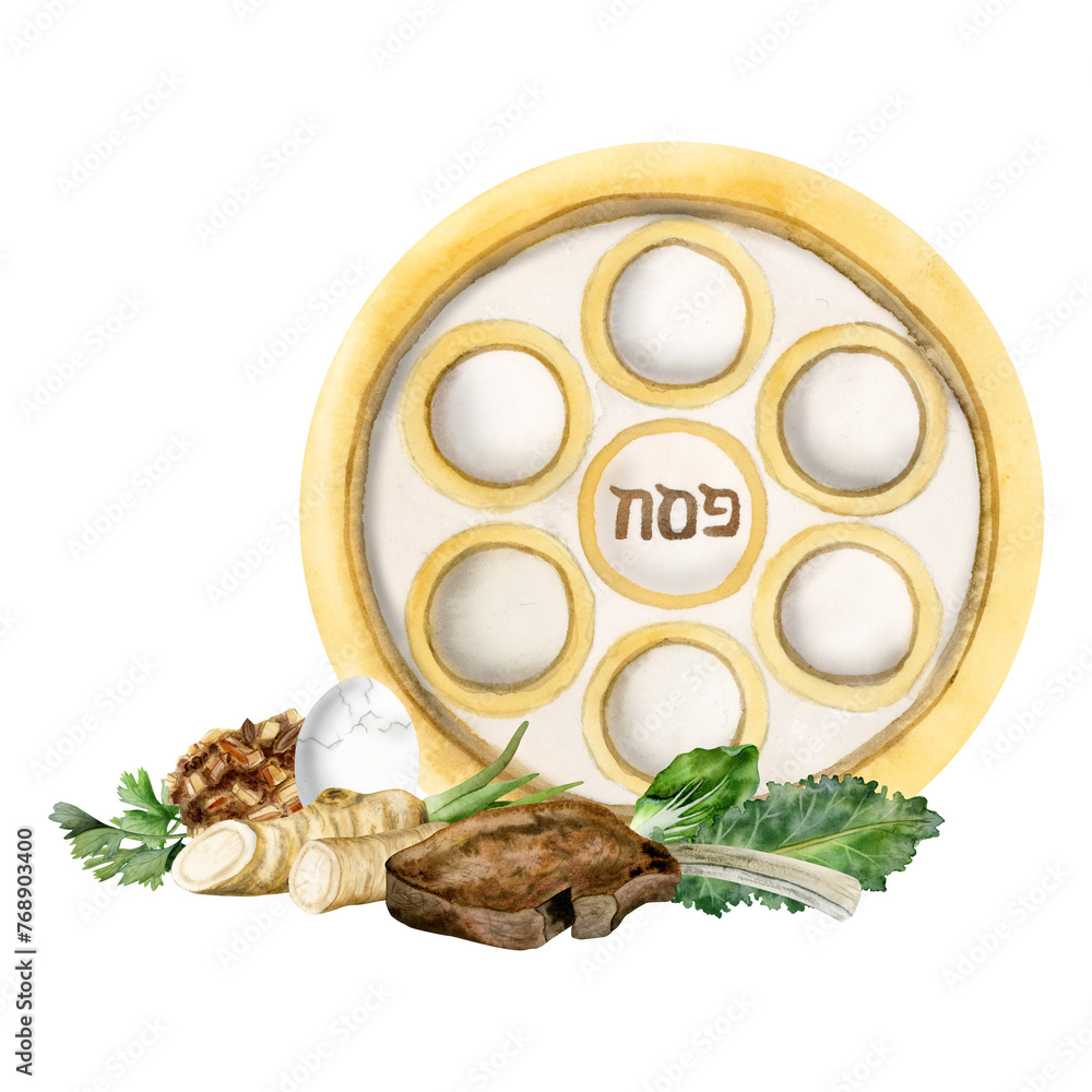 Gold Passover seder plate with traditional holiday food watercolor ...