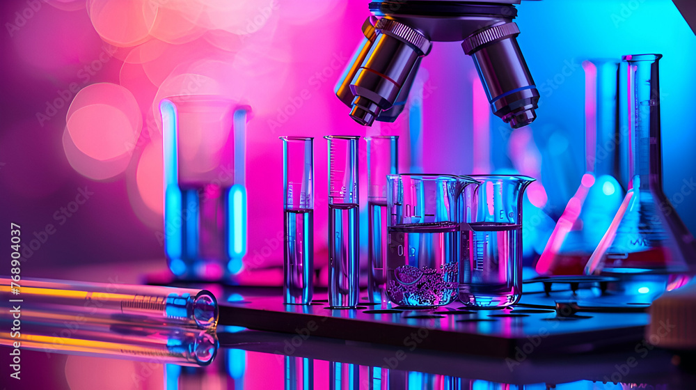 Tubes in laboratory with microscope, test tubes and liquid chemicals ...