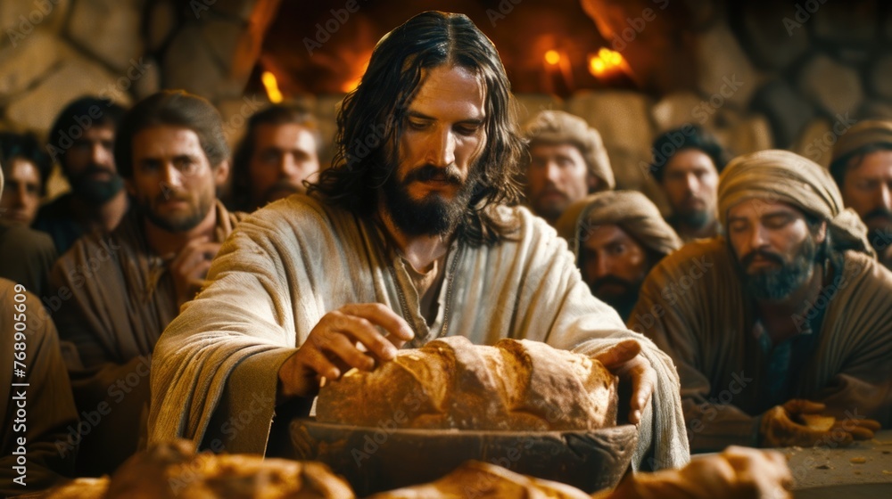 Jesus breaking bread during the last supper, symbolizing his body offered for humanity Stock ...