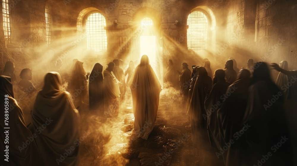 Jesus appearing to the disciples after resurrection, a room filled with ...
