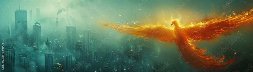 Giant phoenix, flames, radiant, soaring over a modern skyline with ...
