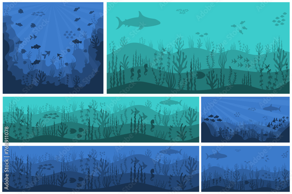 Underwater cartoon flat background with fish, sea water, corals. Ocean ...