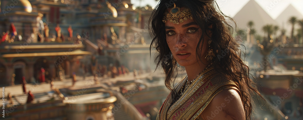 Cleopatra, royal garments, last pharaoh, exploring a bustling city ...