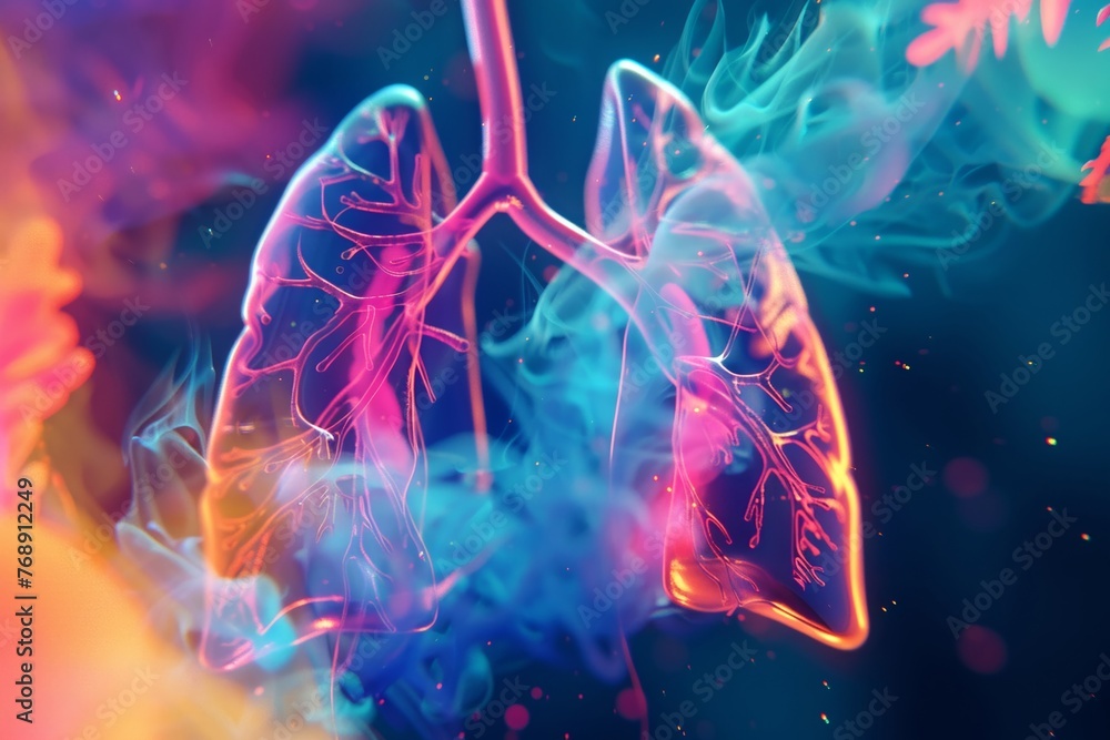 Animated airflow in lungs, vibrant colors, side view, educational video ...