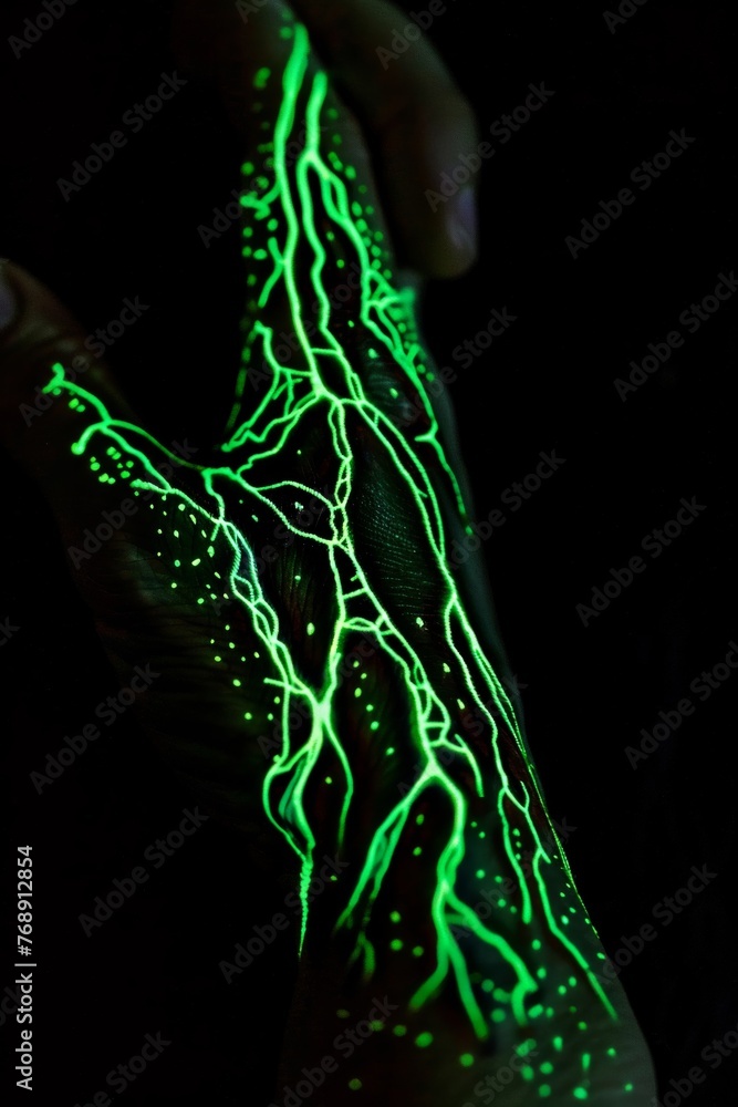 Fluorescent dye tracing through veins, dark setting, macro lens, bright ...