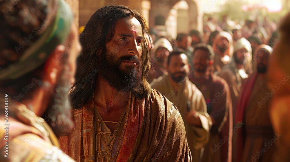 Jesus in a multicultural gathering, embodying the message of unity and ...