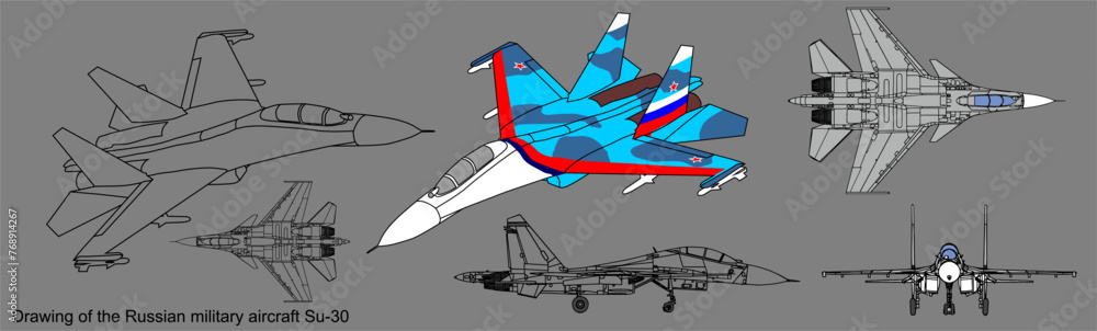 Vector drawing of a russian military aircraft su. General view of a war ...