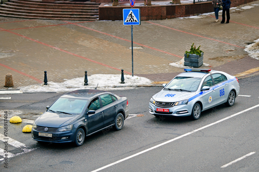 Minsk, Belarus. Jan 27, 2024. Geely road police stop the VW Polo car ...