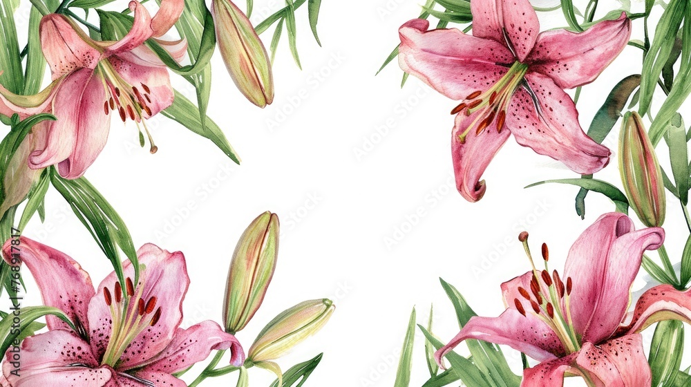 watercolor illustration border frame of lily flower, clean white ...