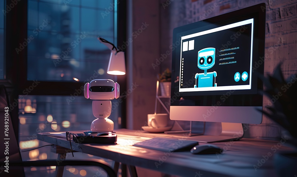 On the computer screen, an image of a chatbot is shown, symbolizing ...